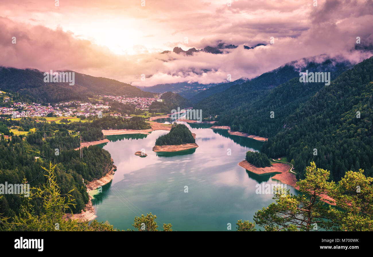 Panoramic view of lake of Centro Cadore in the Alps in Italy, Dolomites ...
