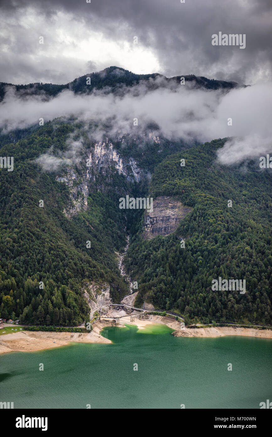 Panoramic view of lake of Centro Cadore in the Alps in Italy, Dolomites ...