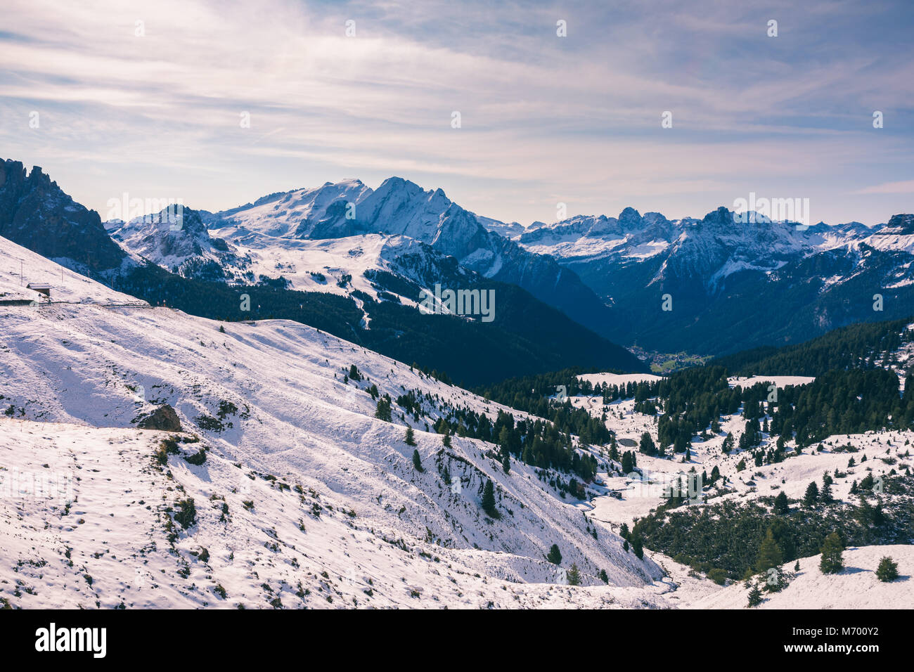 Beautiful winter panorama with fresh powder snow. Landscape with spruce ...