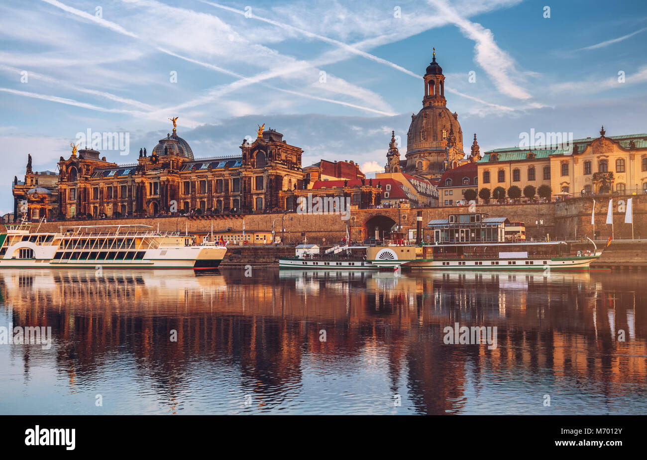 Dresden city skyline panorama at Elbe River and Augustus Bridge ...