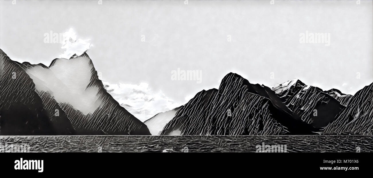 Milford Sound in New Zealand - stylized drawing in black and white ...