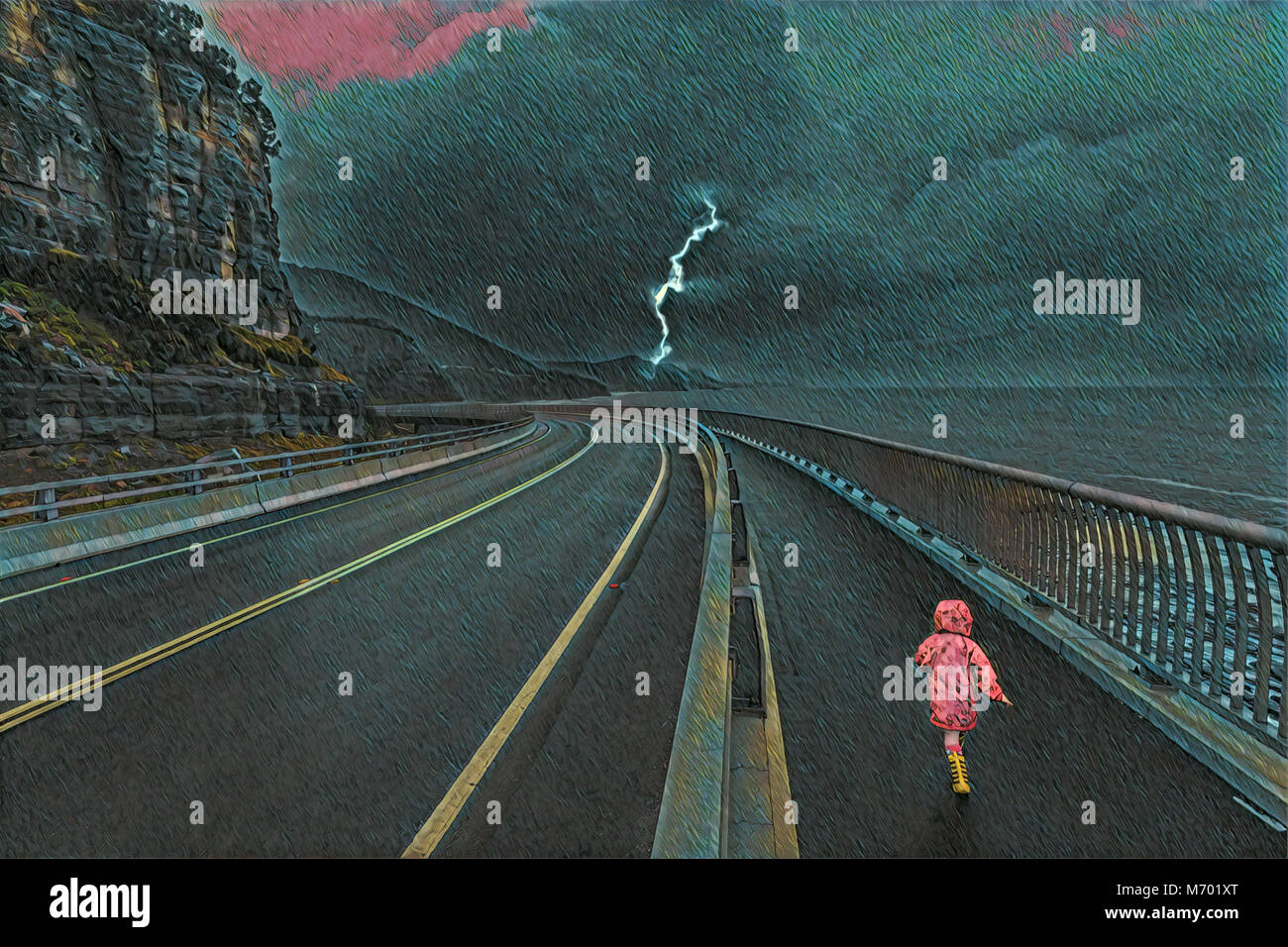 Child running on a huge bridge during thunderstorm - digital artwork ...