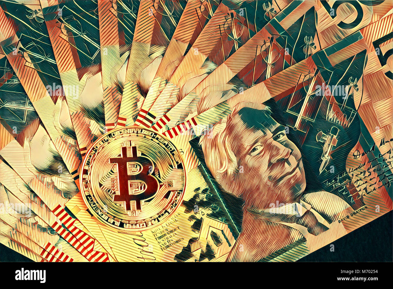 Digital illustration of Bitcoin on top of Australian 50 dollar ...