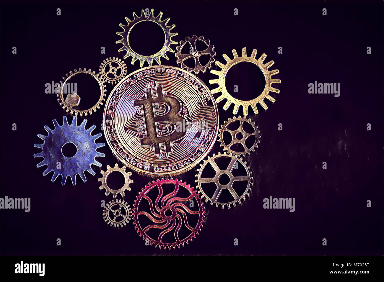 Digital illustration of bitcoin among colorful cog wheels with copy ...