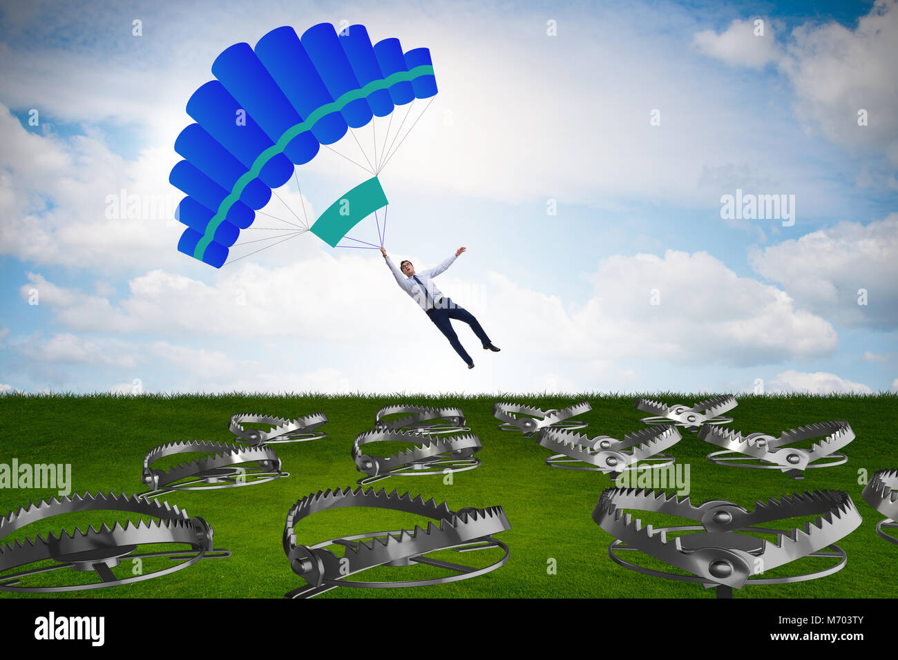 Businessman falling into trap on parachute Stock Photo - Alamy