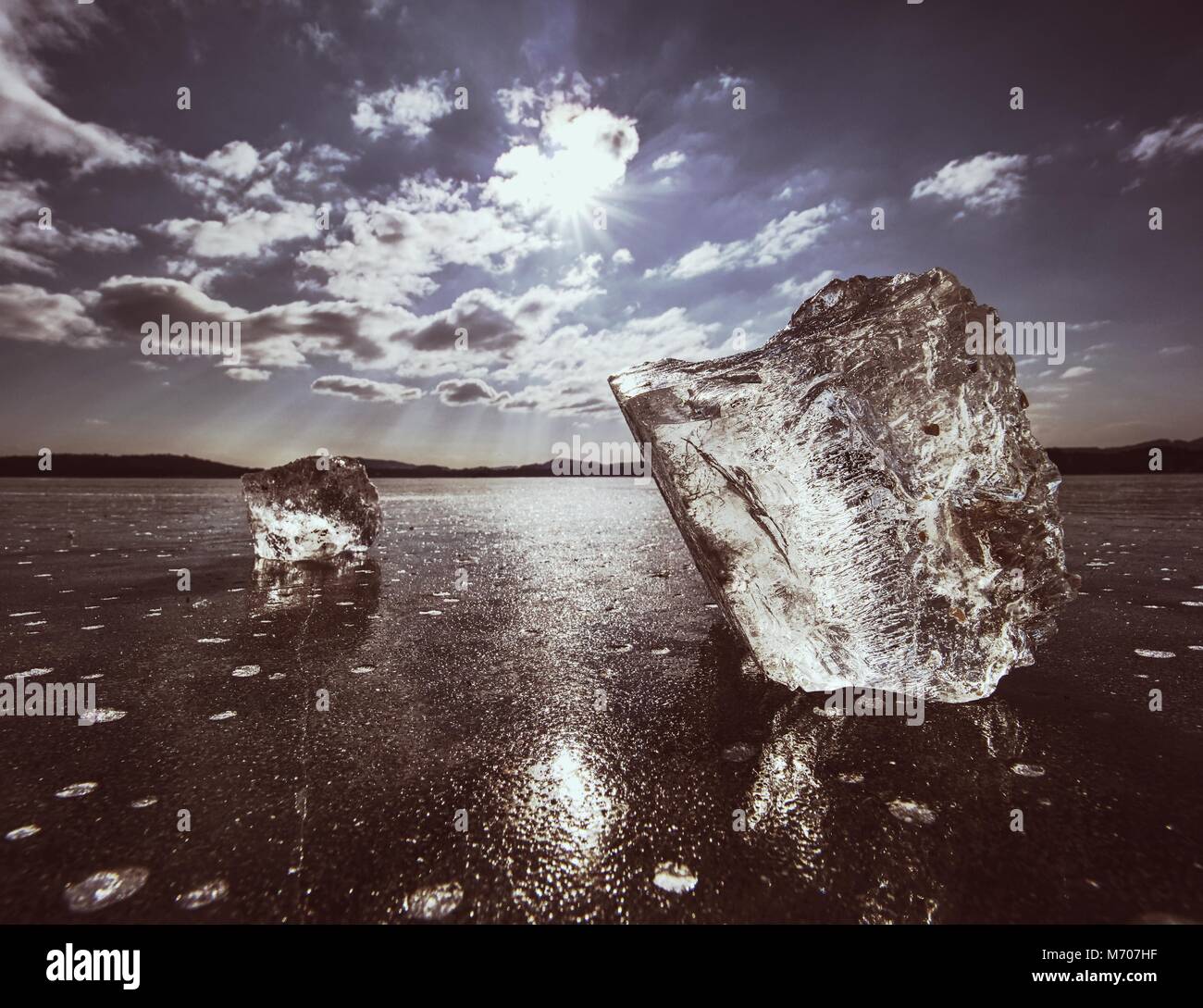 Shining broken ice. It beautifully shimmers the sun's rays, plays light ...