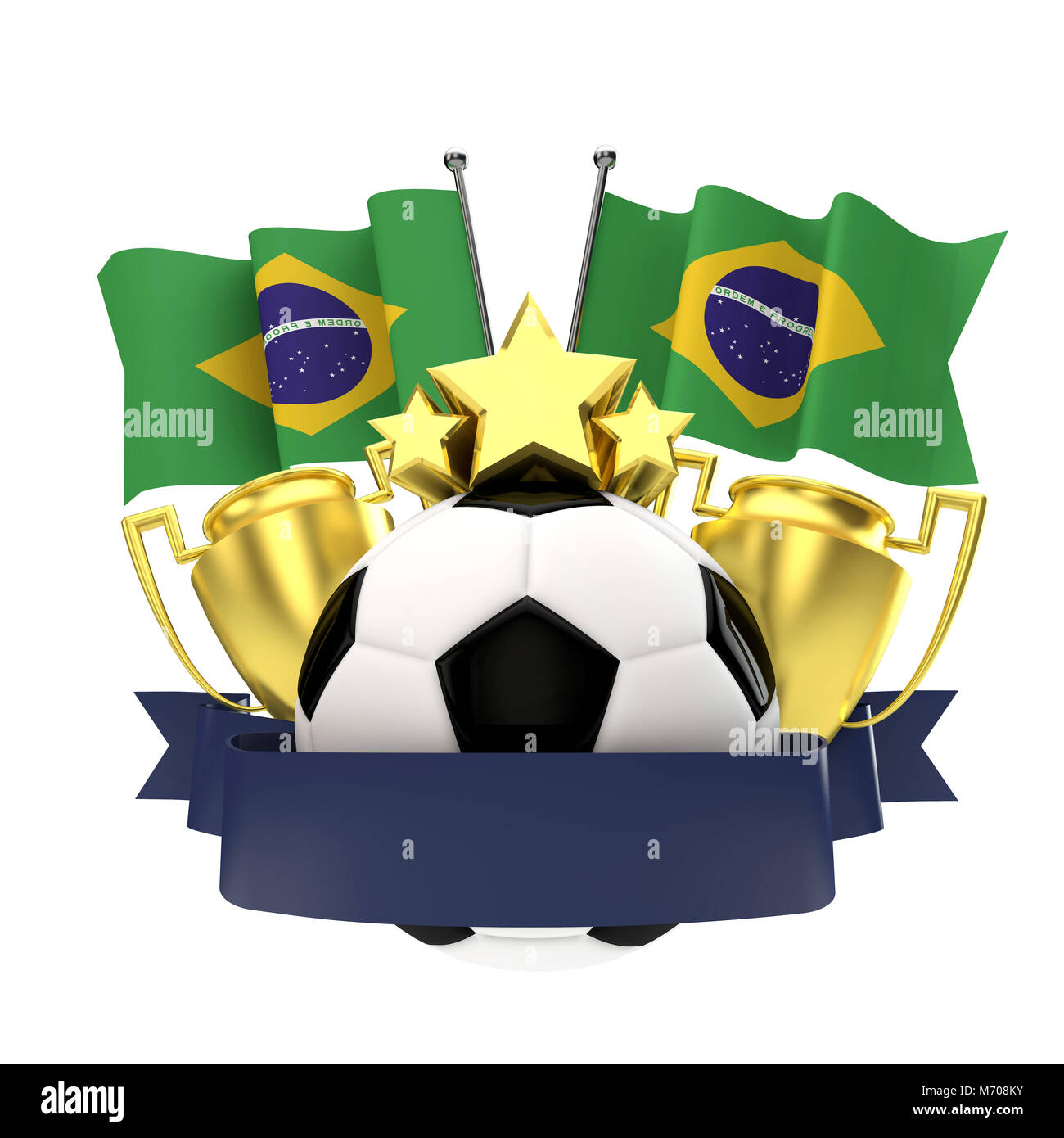 Brazil flag football winners emblem with trophy, stars, ball and ribbon ...
