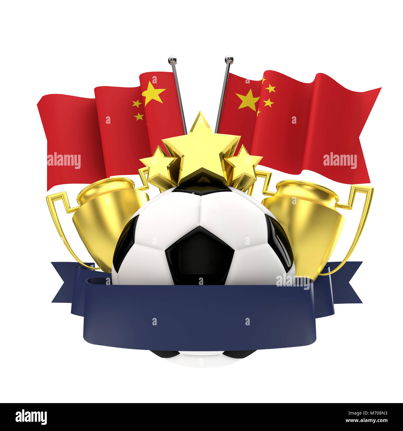 China flag football winners emblem with trophy, stars, ball and ribbon ...