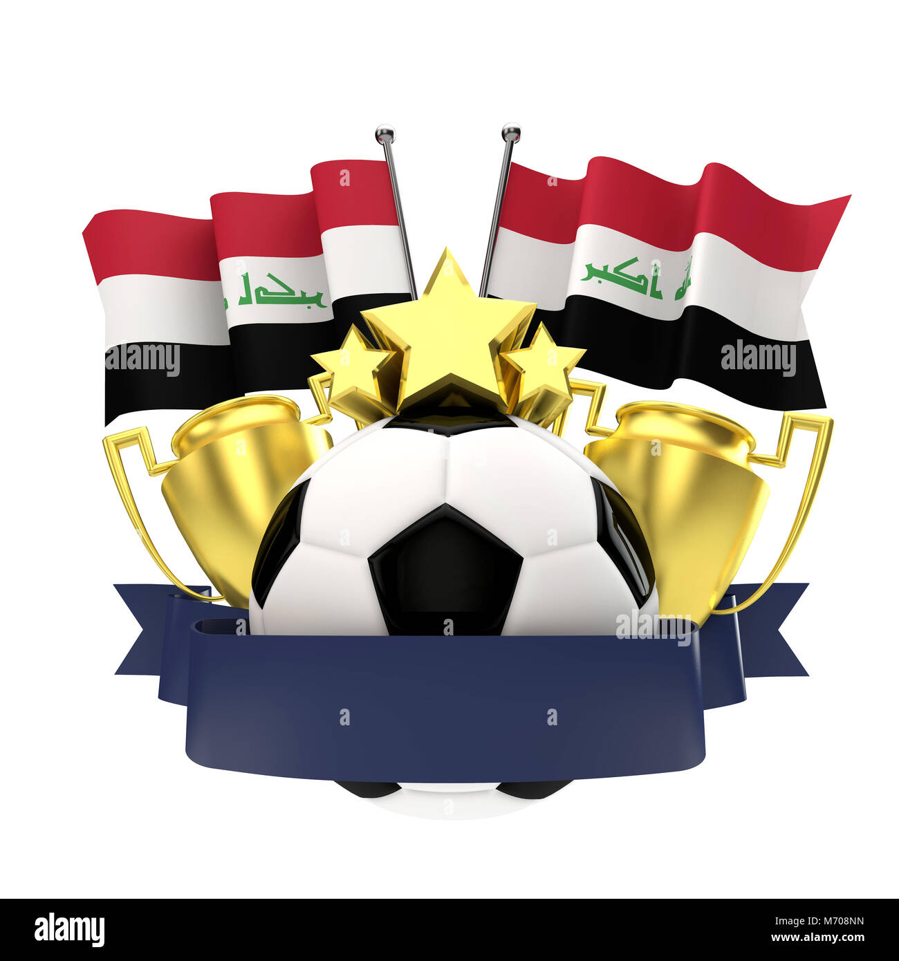 Iraq flag football winners emblem with trophy, stars, ball and ribbon ...