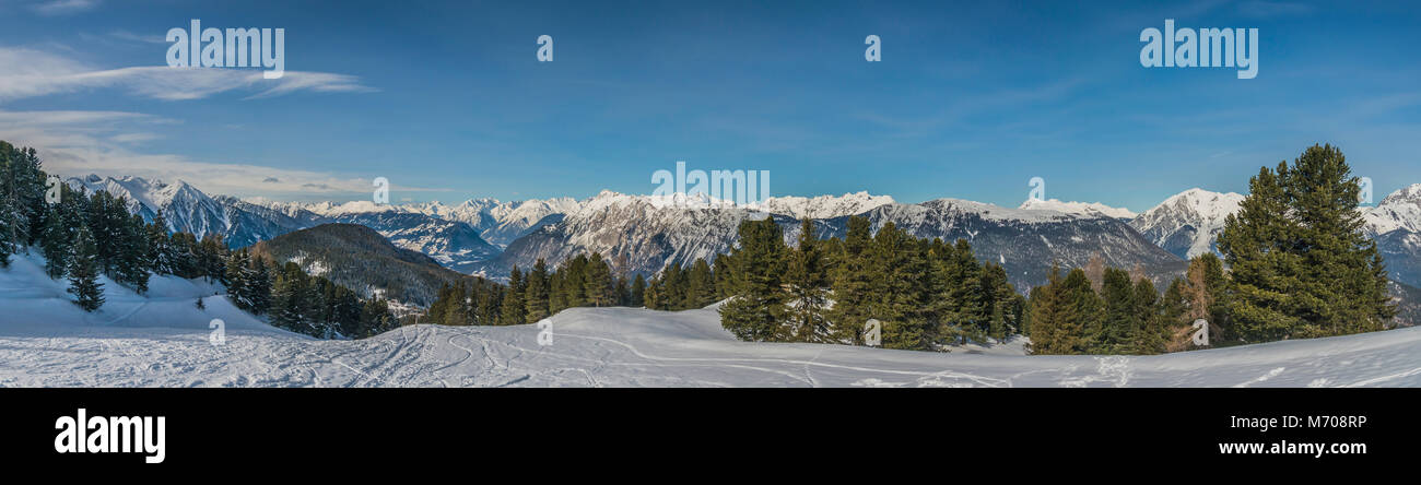 Winter snow scene panoramic in the mountains of the Sellrain Alps in ...