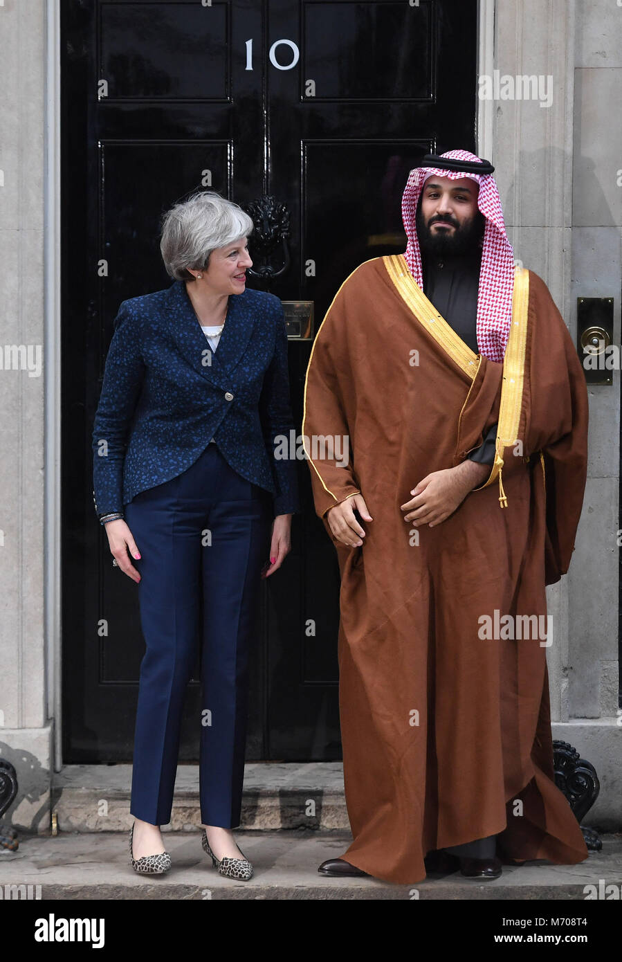 Saudi Arabia's crown prince Mohammad bin Salman is greeted by Prime ...