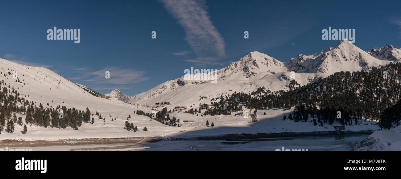 Winter snow scene panoramic in the mountains of the Sellrain Alps in ...