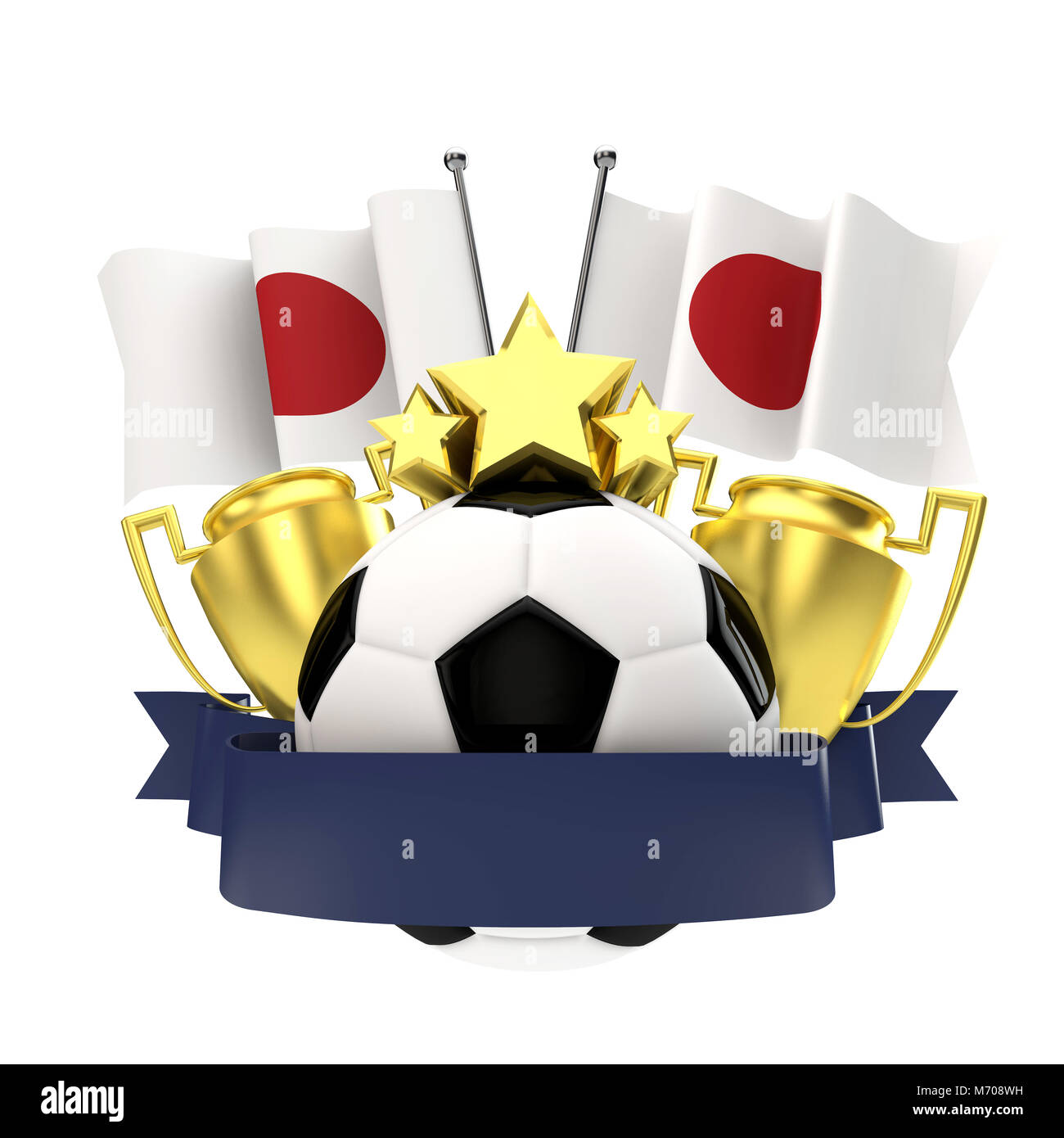 Japan flag football winners emblem with trophy, stars, ball and ribbon ...