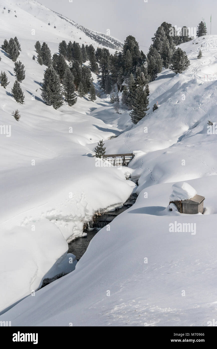 Winter snow scenes in the mountains of the Sellrain Alps in the ...