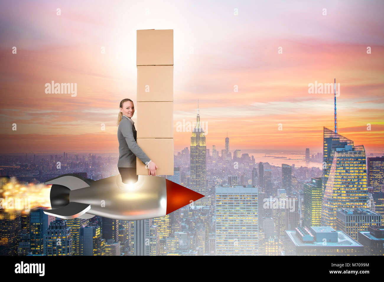 Woman flying rocket and delivering boxes Stock Photo - Alamy