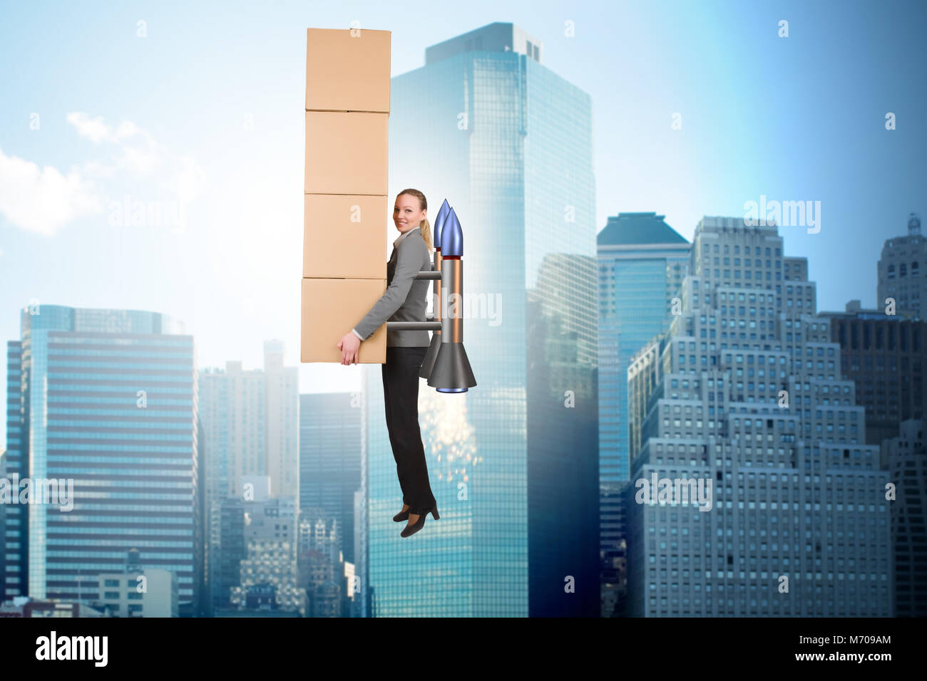 Woman in fast box delivery service on rocket Stock Photo - Alamy