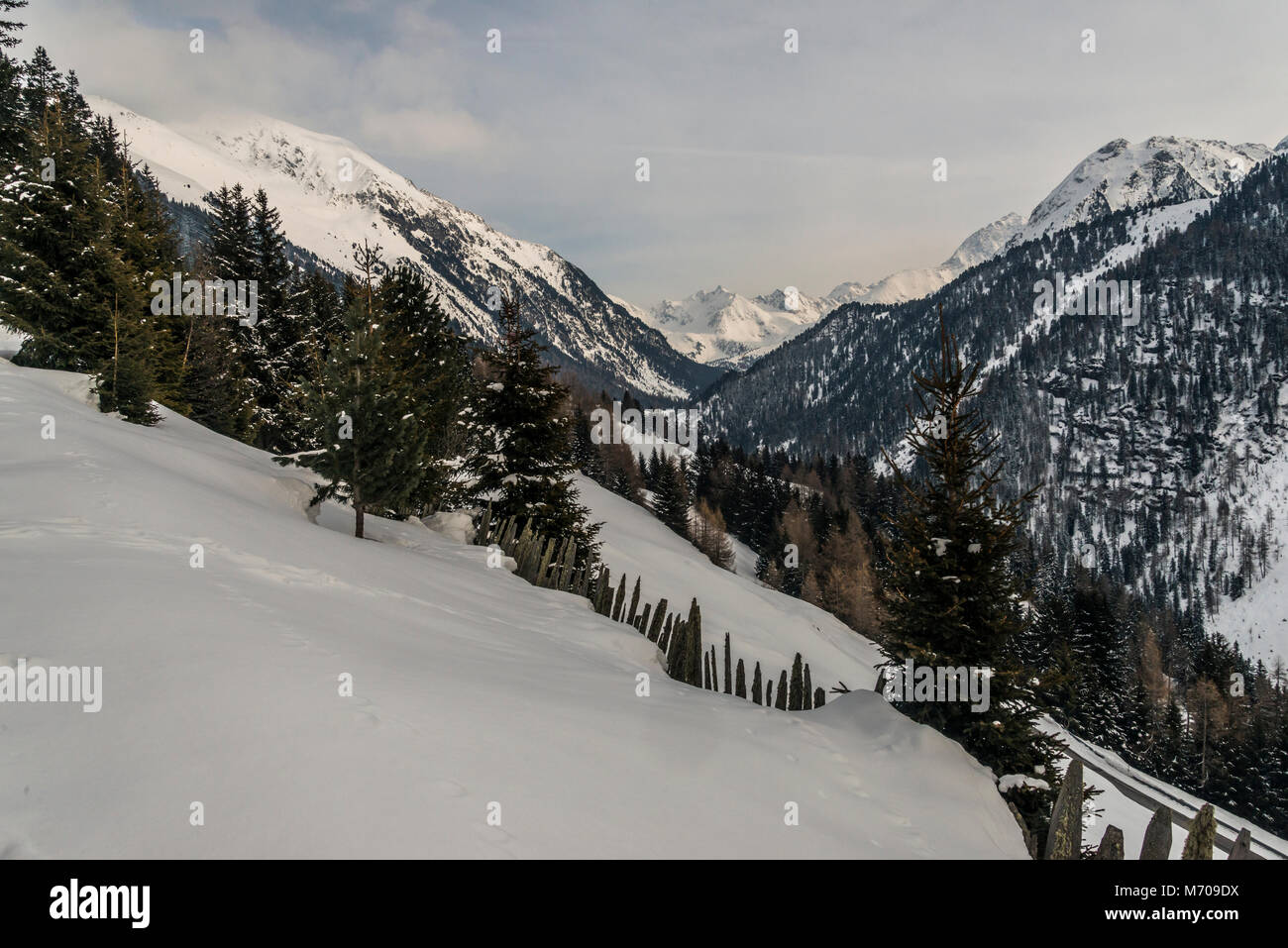Winter snow scenes in the mountains of the Sellrain Alps in the ...