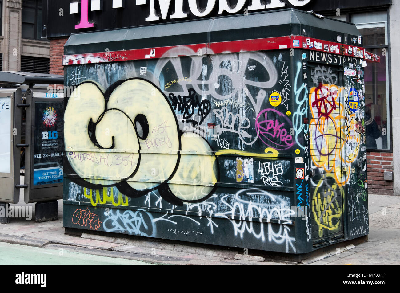 A graffiti covered newsstand on Seventh Avenue in the Herald Square ...