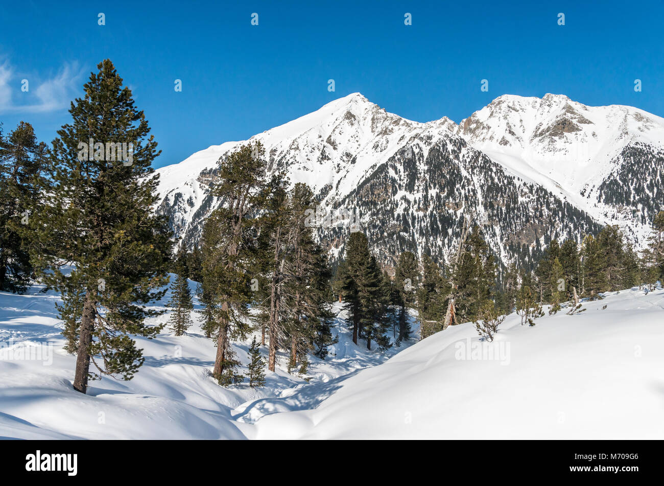 Winter snow scenes in the mountains of the Sellrain Alps in the ...
