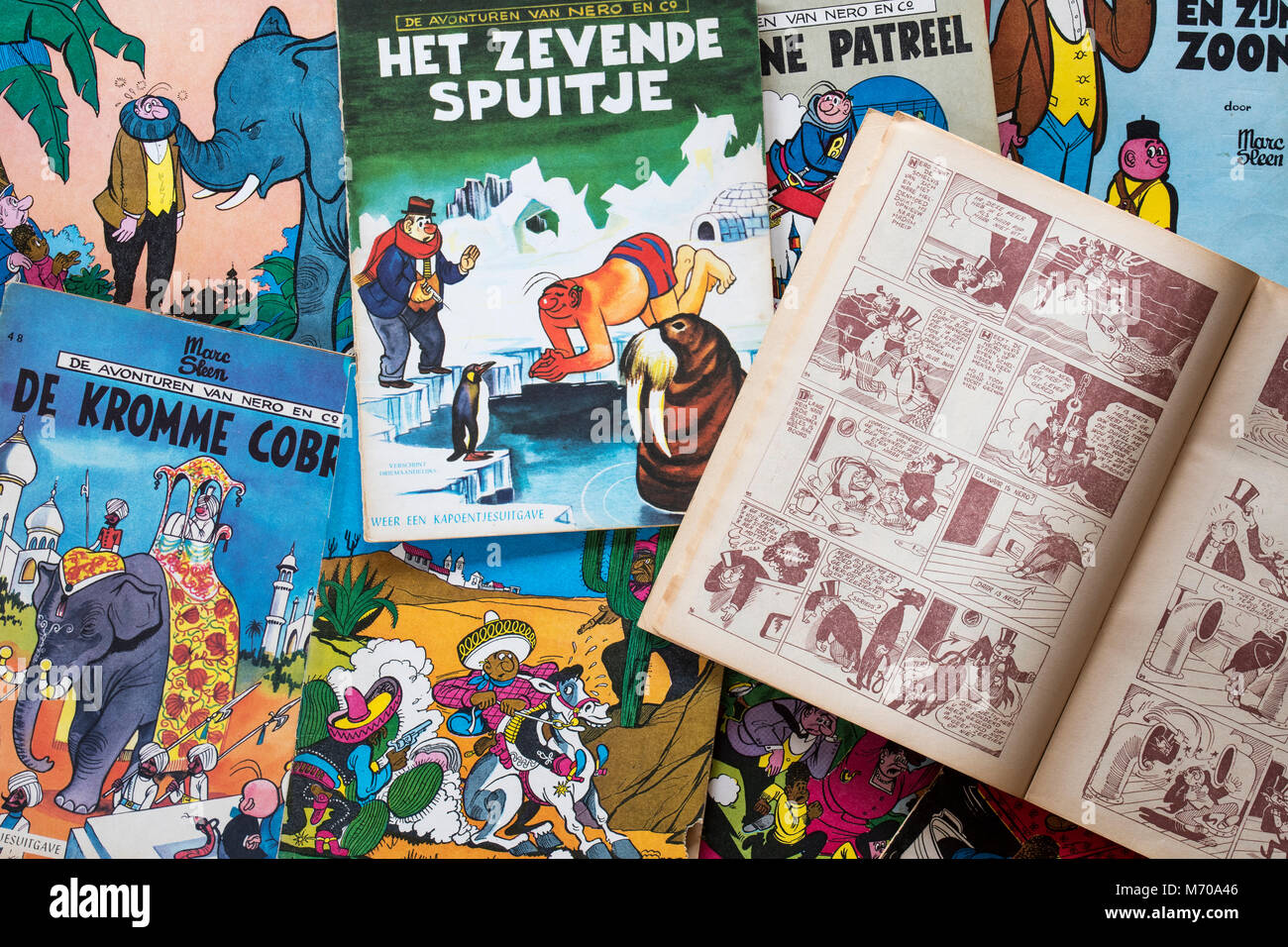 Collection of colourful covers of the Flemish comic strips Nero by the ...