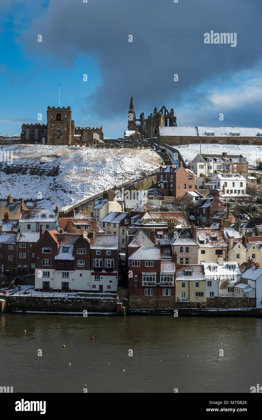 Whitby In Winter with Snow Fall, North Yorkshire Stock Photo - Alamy