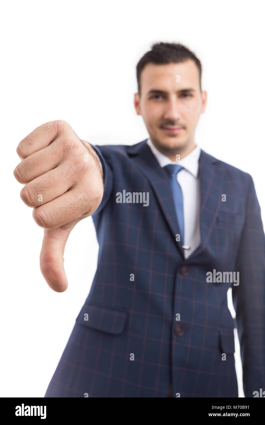 Focus on businessman hand showing thumb down isolated on white ...