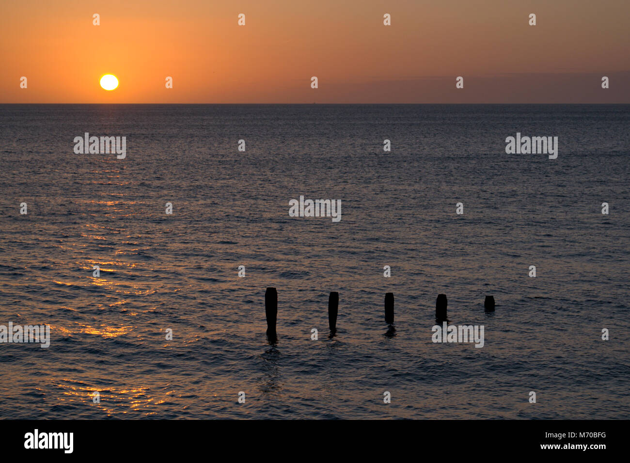 Row of groynes in the sea at sunset, North Wales coast Stock Photo - Alamy
