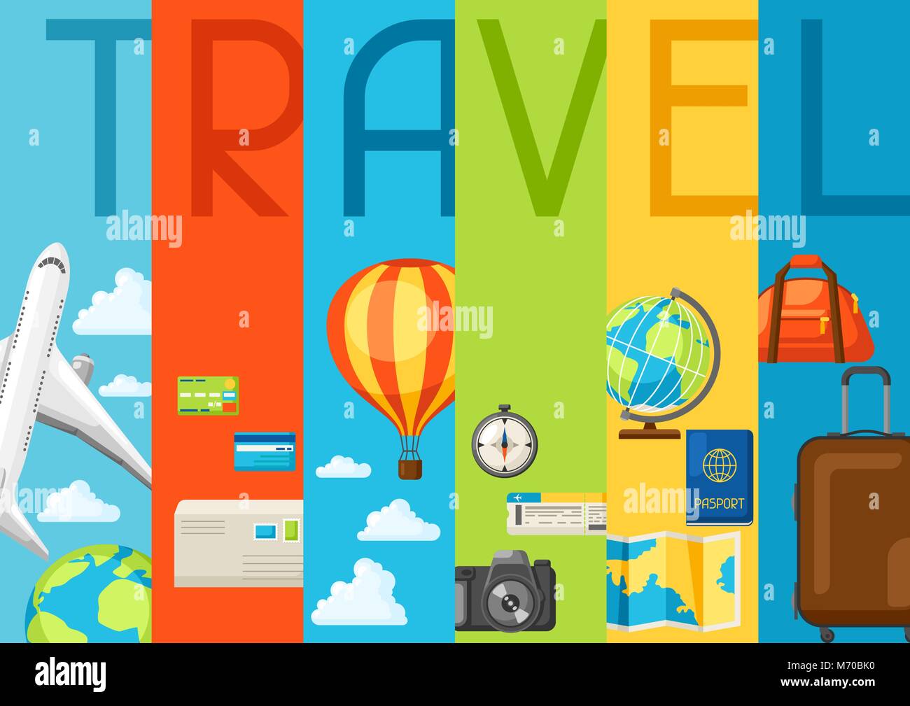 Travel concept illustration. Traveling background with tourist items ...