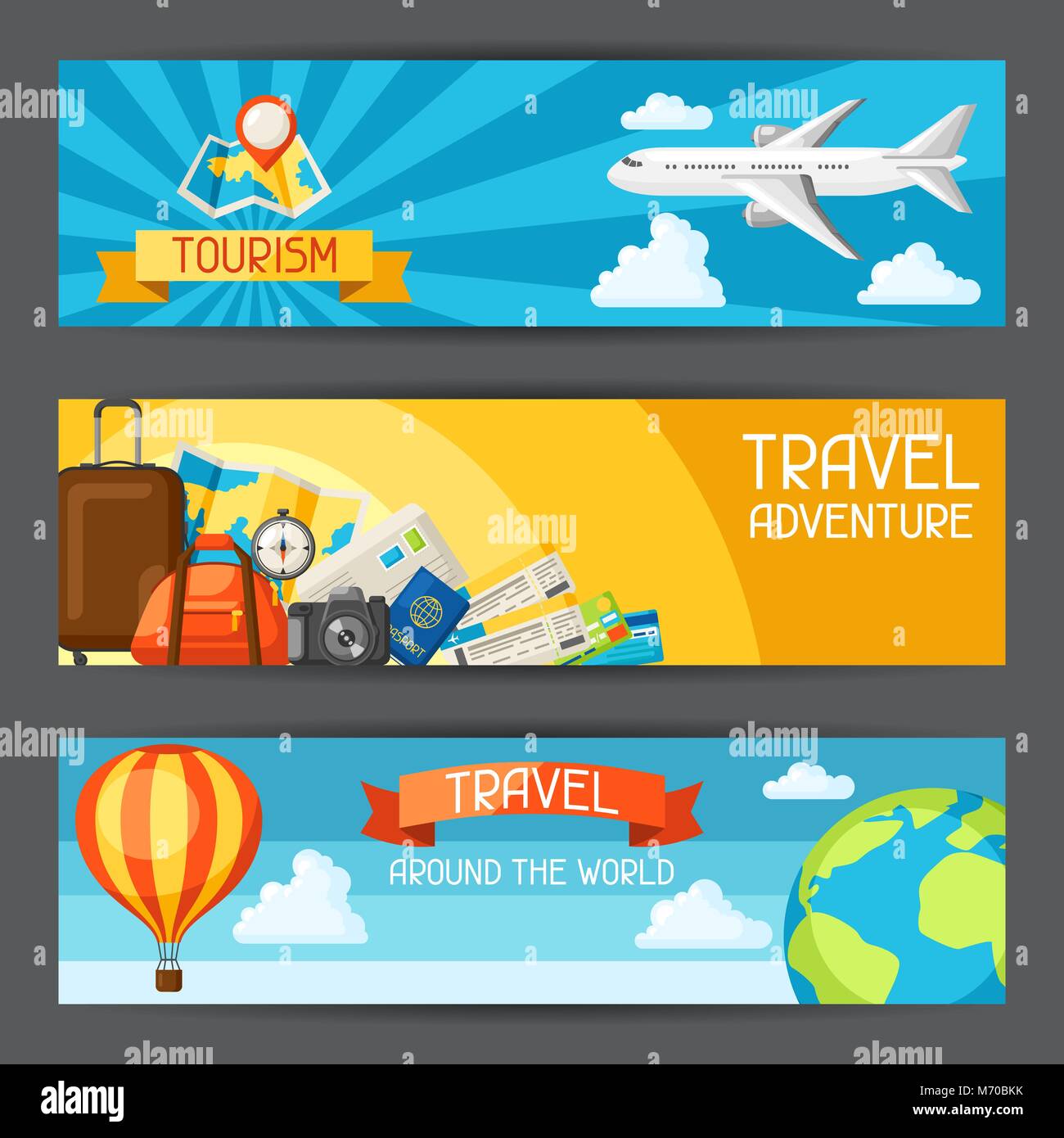 Travel banners. Traveling backgrounds with tourist items Stock Vector ...