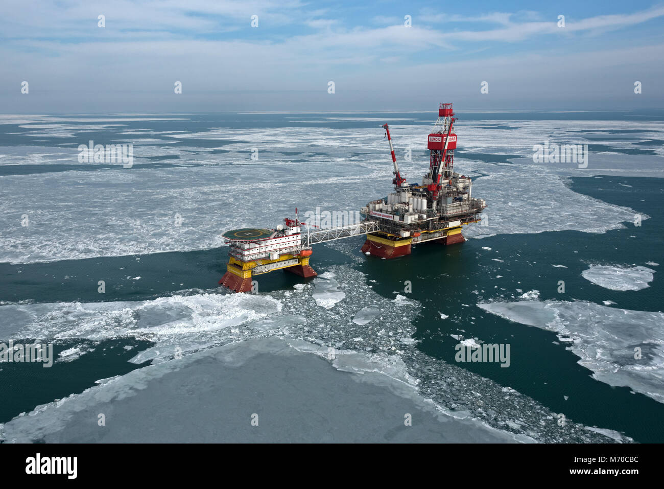 Oil rig platform on Lukoil Filanovsky oil field at the Caspian Sea ...