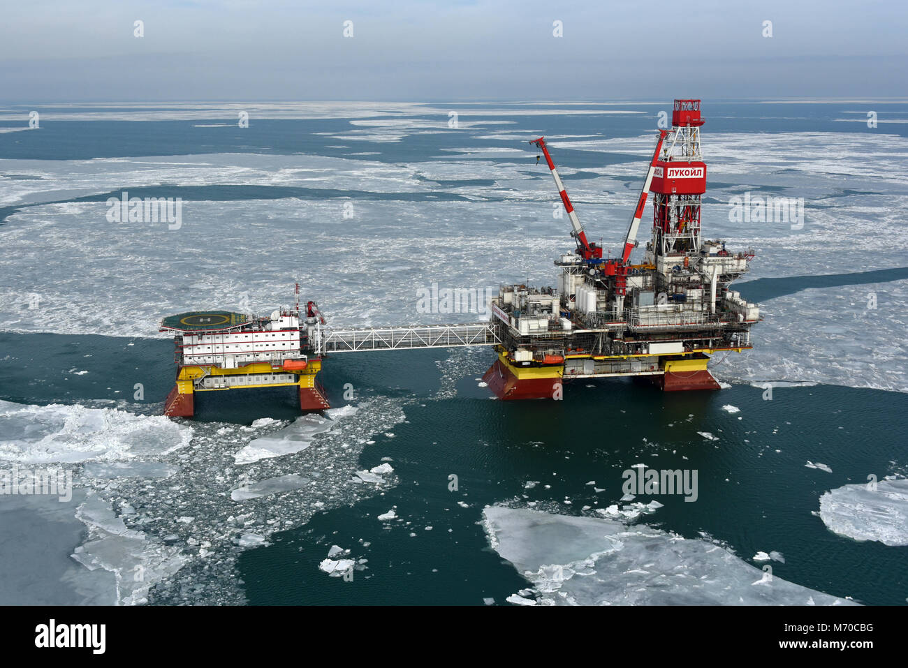 Oil rig platform on Lukoil Filanovsky oil field at the Caspian Sea ...