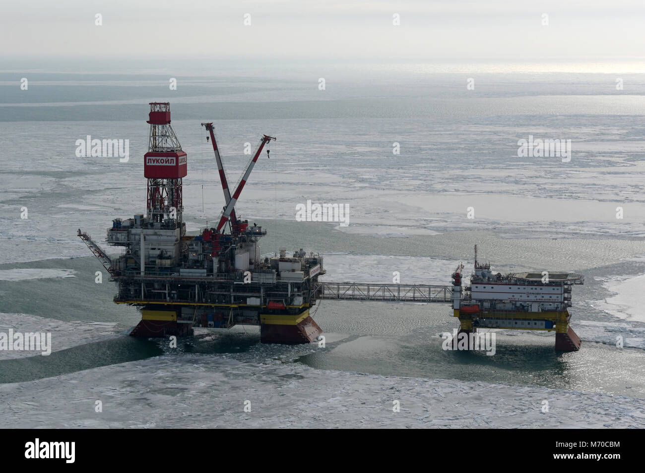 Oil rig platform on Lukoil Filanovsky oil field at the Caspian Sea ...