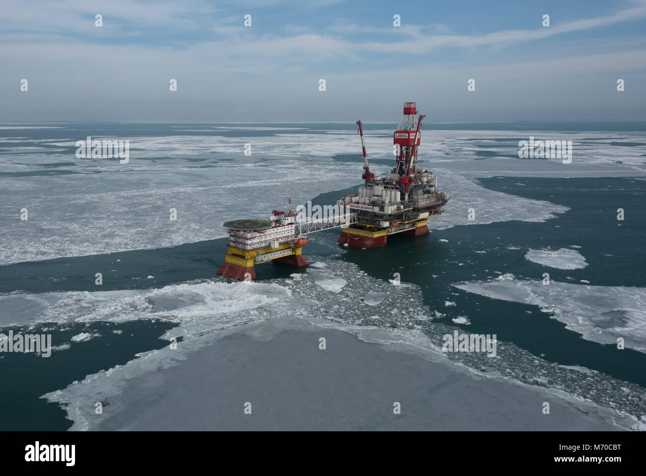 Oil rig platform on Lukoil Filanovsky oil field at the Caspian Sea ...