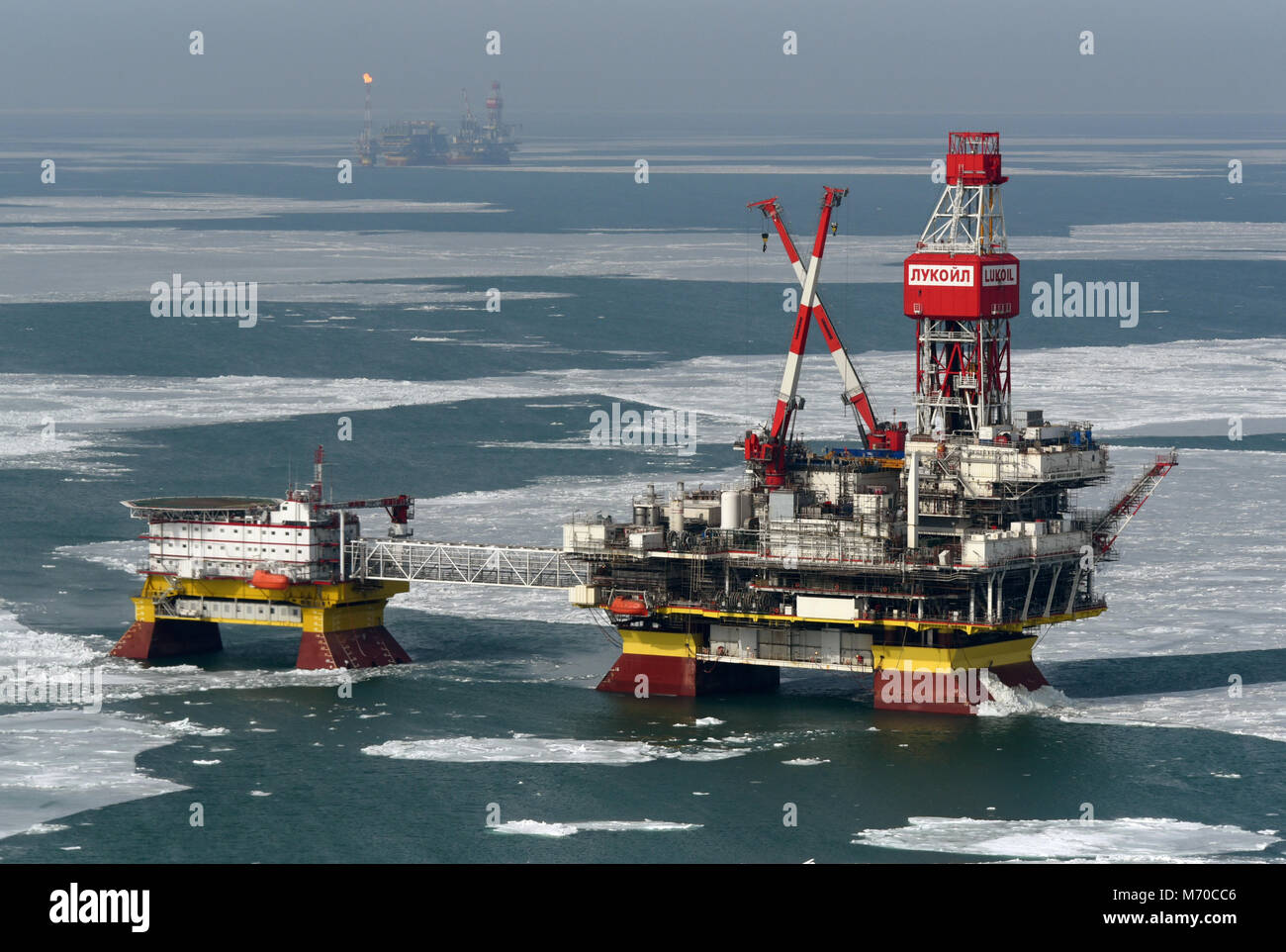 Oil rig platform on Lukoil Filanovsky oil field at the Caspian Sea ...