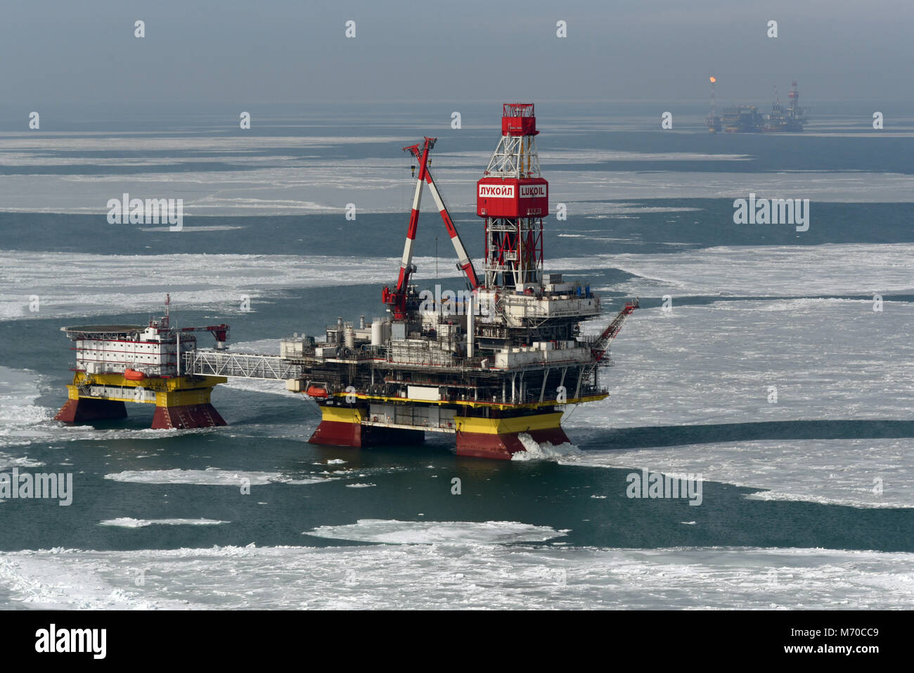 Oil rig platform on Lukoil Filanovsky oil field at the Caspian Sea ...