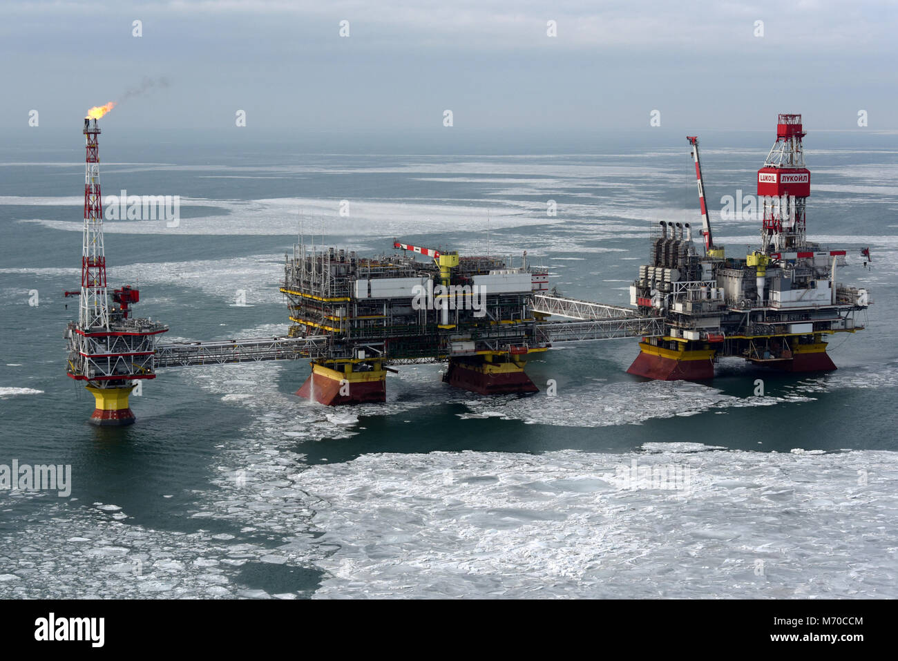Oil rig platform on Lukoil Filanovsky oil field at the Caspian Sea ...