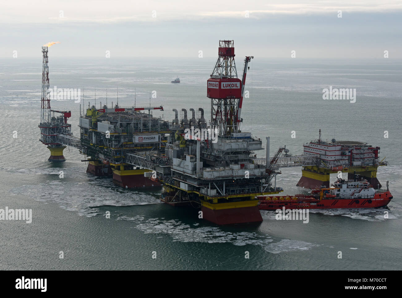 Oil rig platform on Lukoil Filanovsky oil field at the Caspian Sea ...