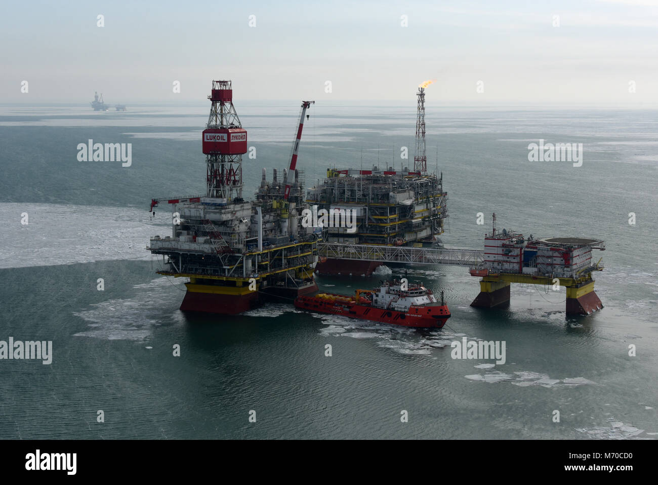 Oil rig platform on Lukoil Filanovsky oil field at the Caspian Sea ...