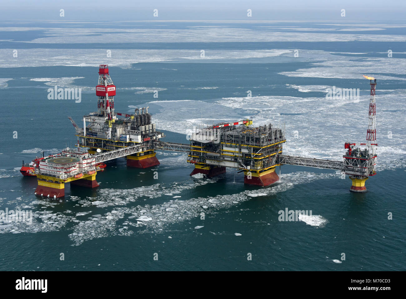 Oil rig platform on Lukoil Filanovsky oil field at the Caspian Sea ...
