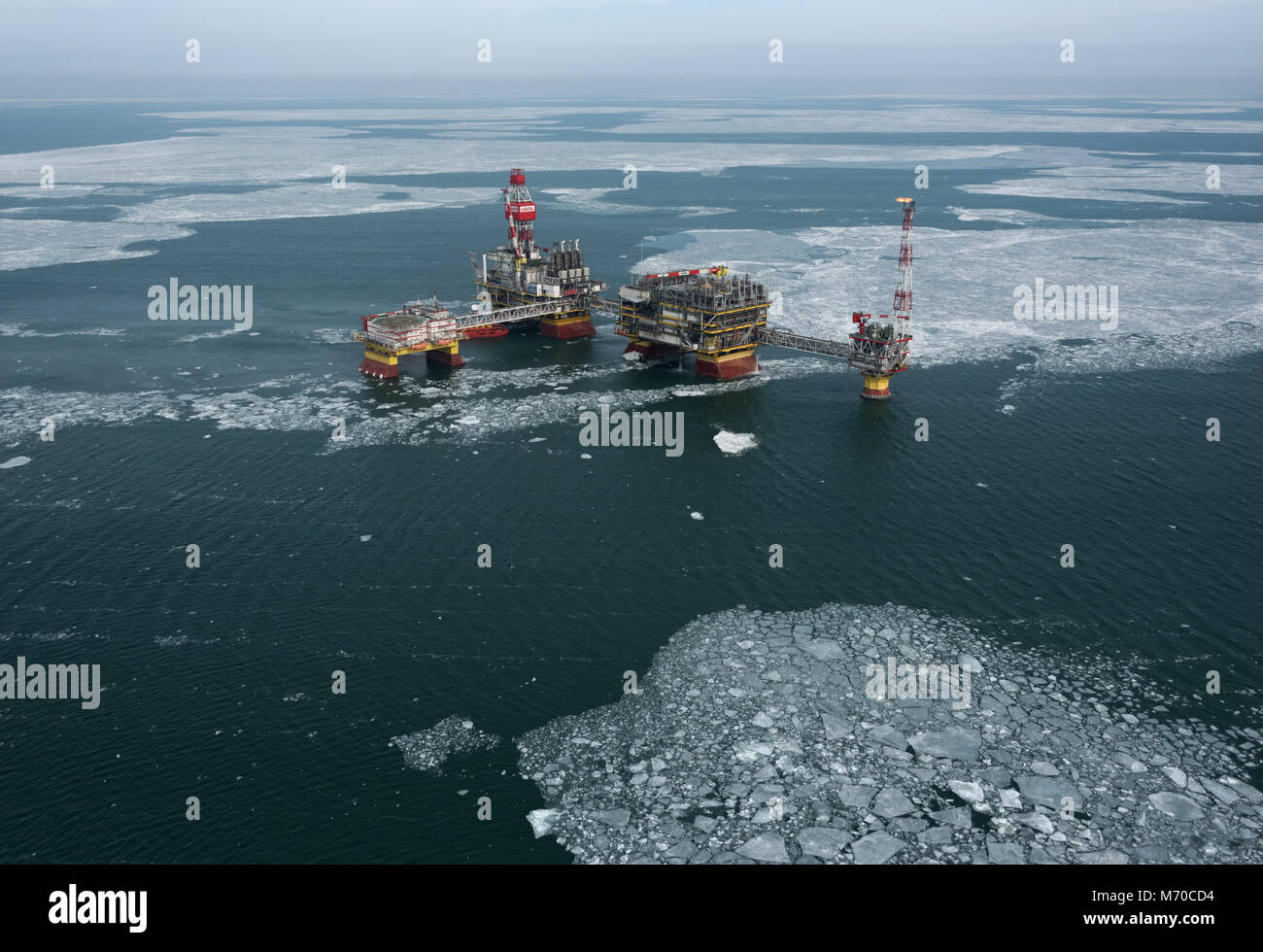 Oil rig platform on Lukoil Filanovsky oil field at the Caspian Sea ...