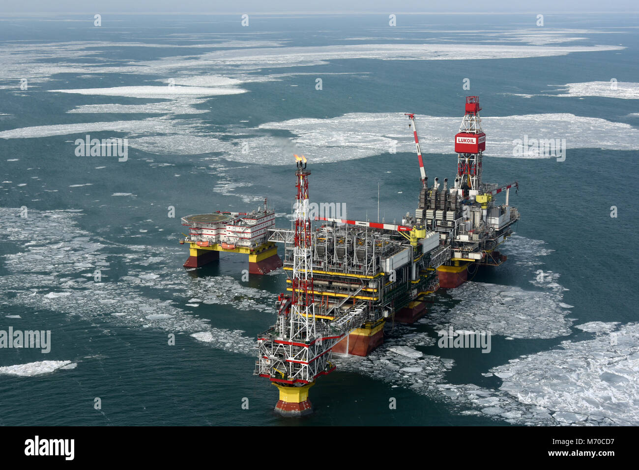 Oil rig platform on Lukoil Filanovsky oil field at the Caspian Sea ...
