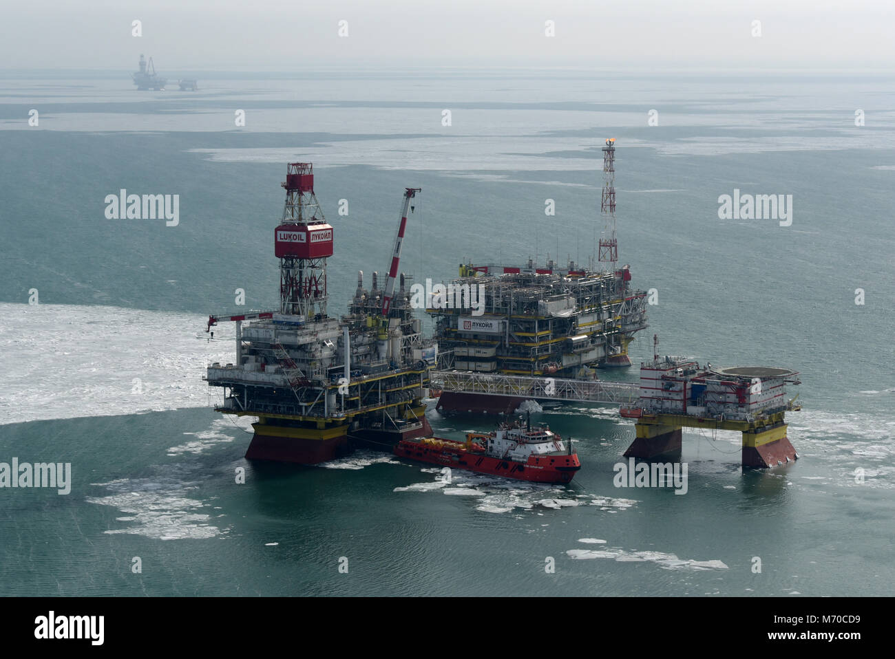 Oil rig platform on Lukoil Filanovsky oil field at the Caspian Sea ...