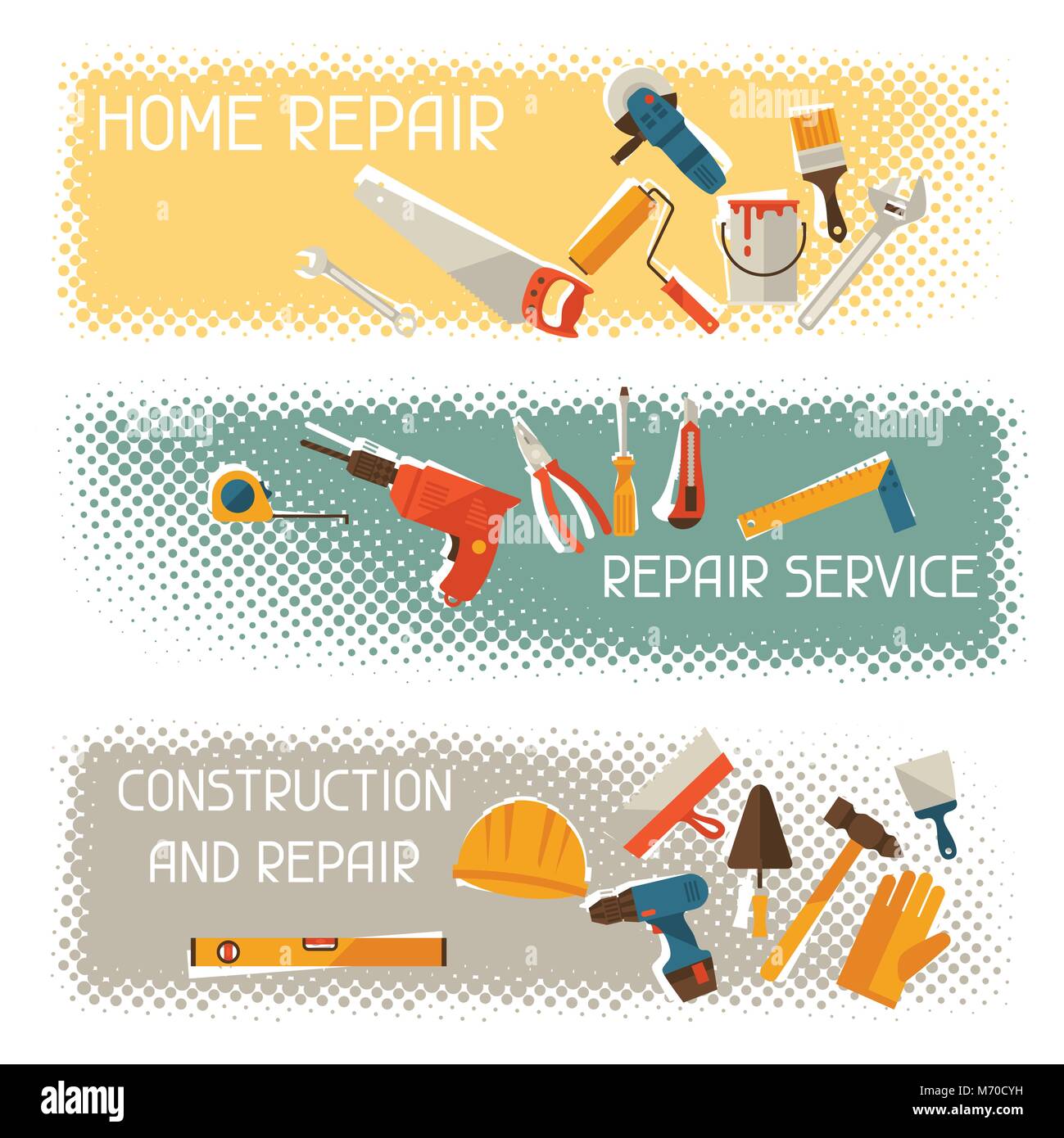Repair and construction horizontal banners with tools icons Stock ...