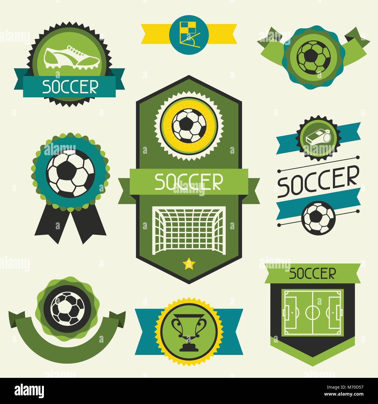 Sports ribbons, labels and badges with soccer (football) icons Stock ...