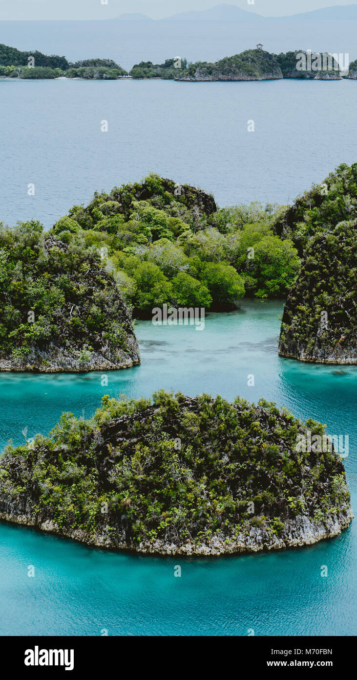 Painemo, Group of small island in shallow blue lagoon water, Raja Ampat ...