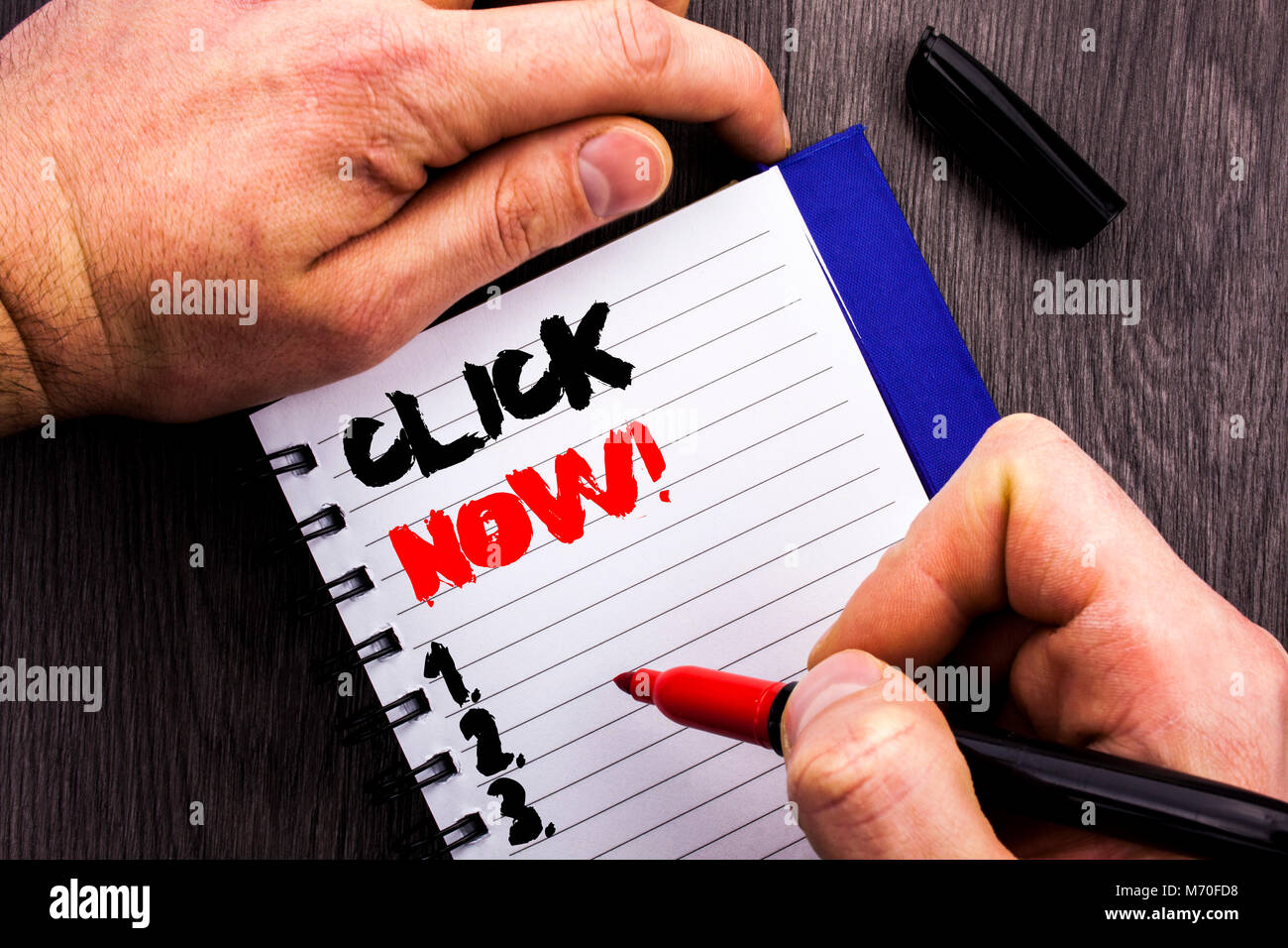 Handwritten text sign showing Click Now. Conceptual photo Sign Book Or ...