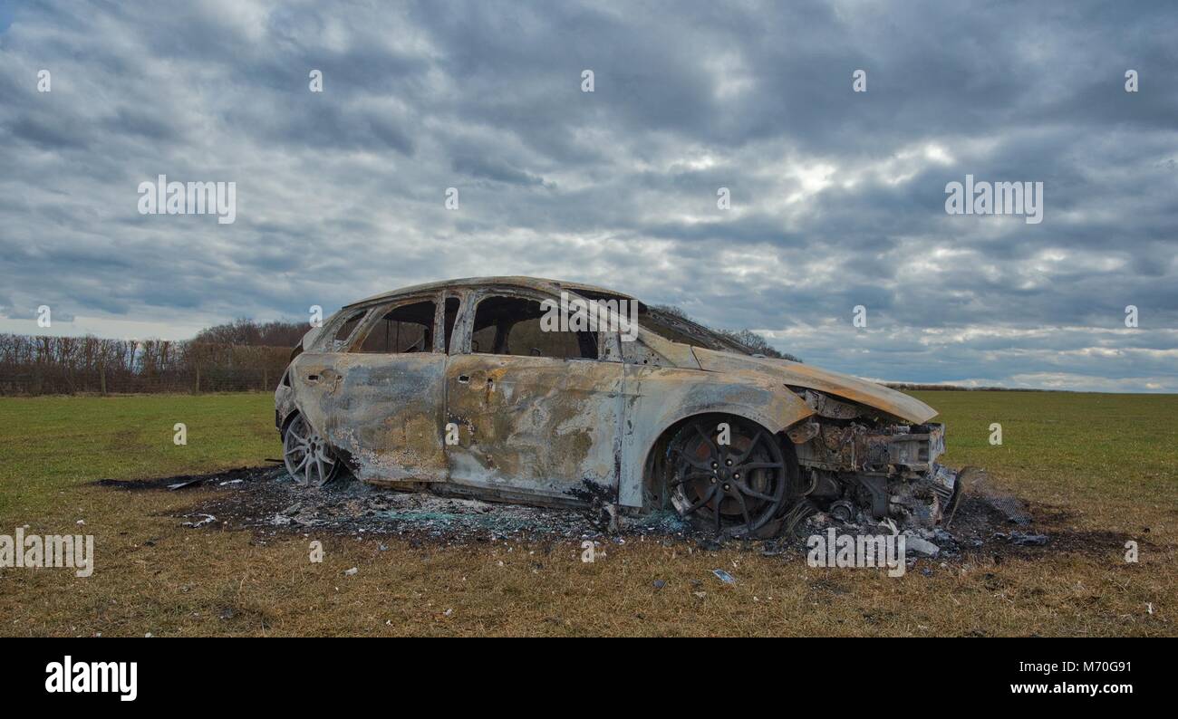 Burnt out Ford Focus ST abandoned in field Stock Photo - Alamy