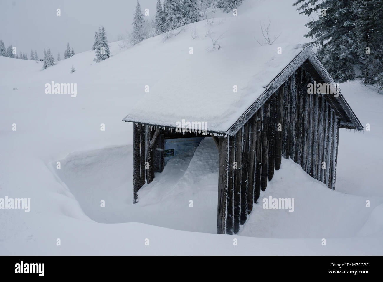 Mountain hut covered in snow Stock Photo - Alamy