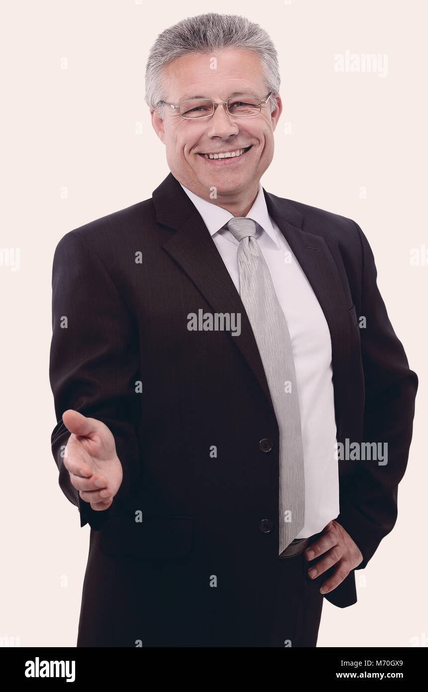 Portrait of a successful man giving a hand on a white background Stock ...
