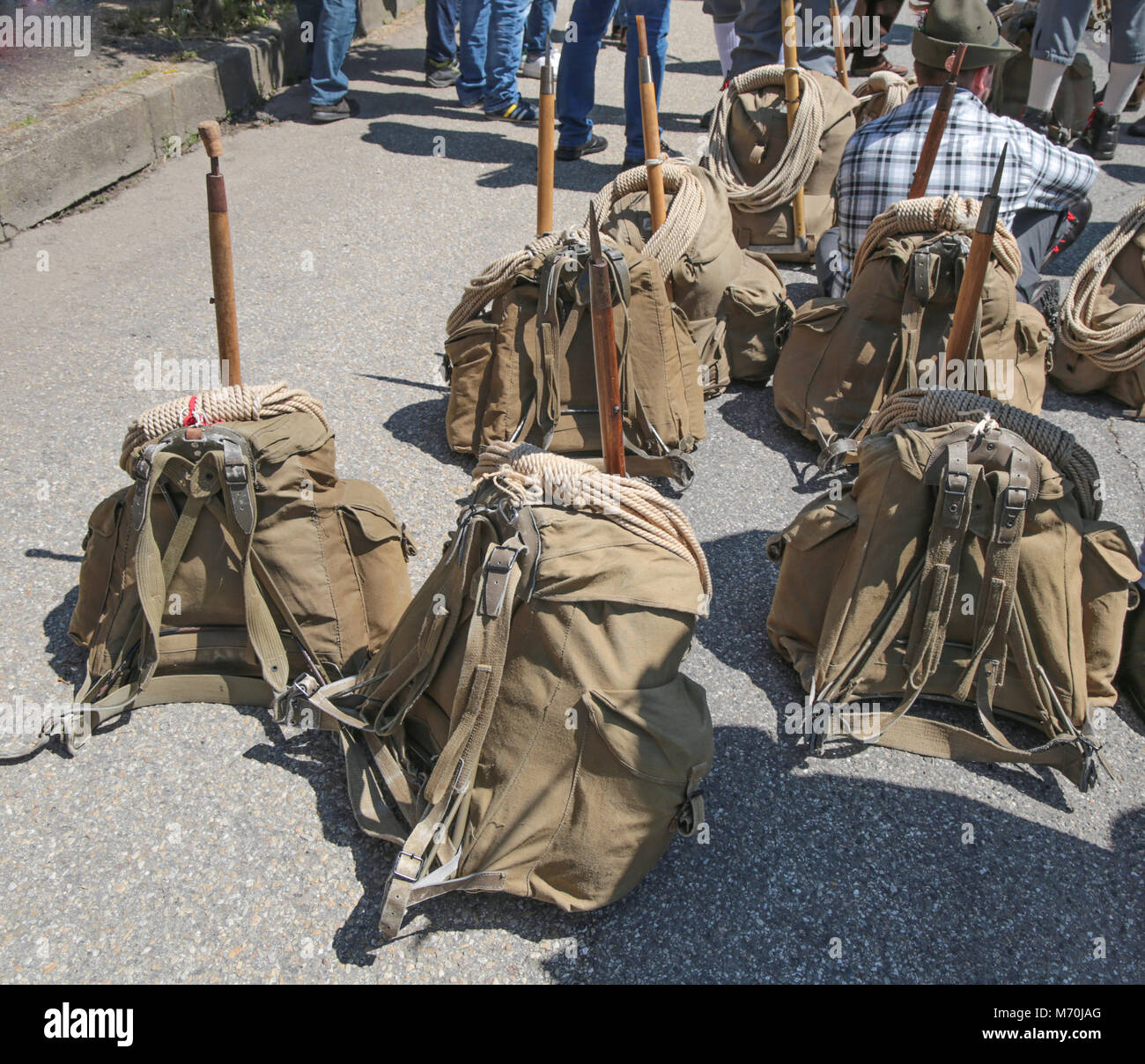 Old backpacks shown during a military Italian national meeting Stock ...